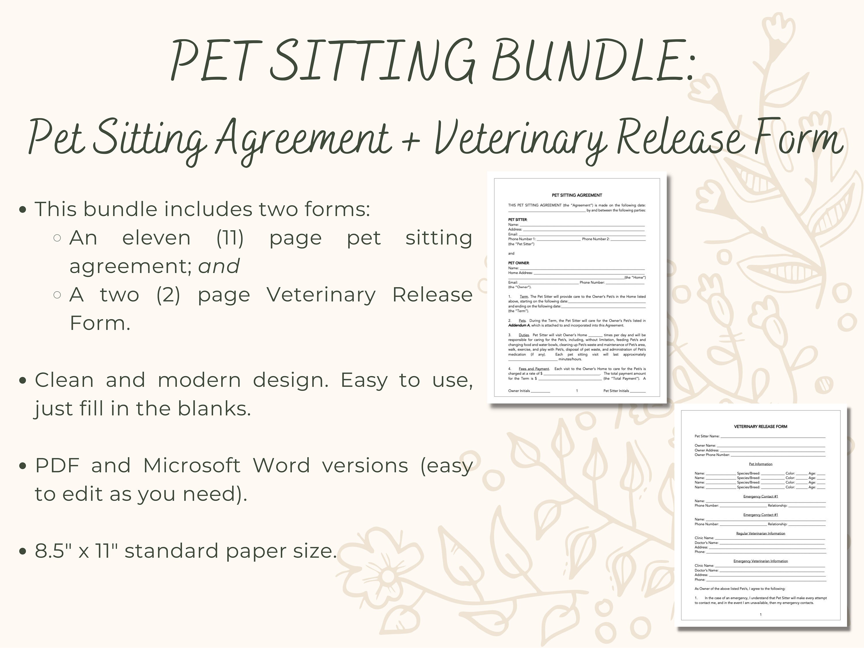Pet Sitting Agreement Veterinary Release Form, Legal Agreement Bundle ...