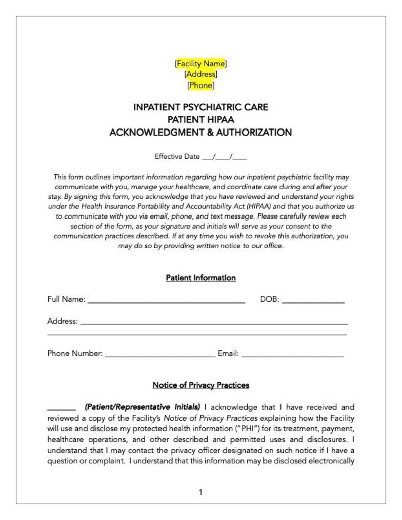 Inpatient Psychiatric Facility HIPAA Consent Form Inpatient Psychiatry ...