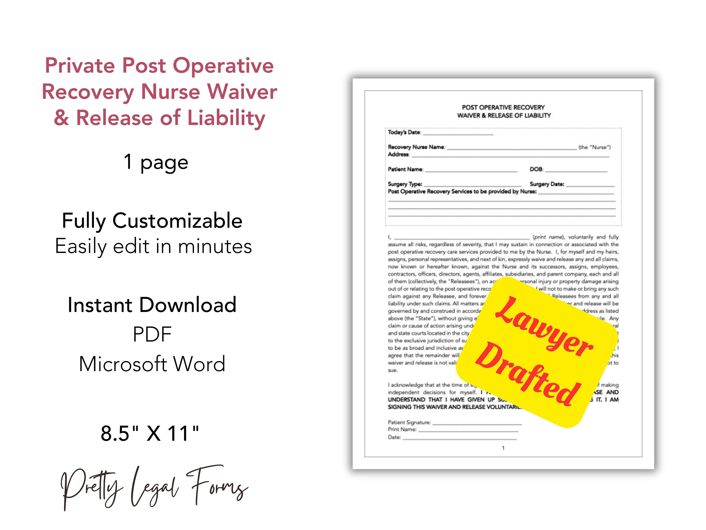Post Op Nurse Waiver and Release of Liability Forms for Nurse Hold ...
