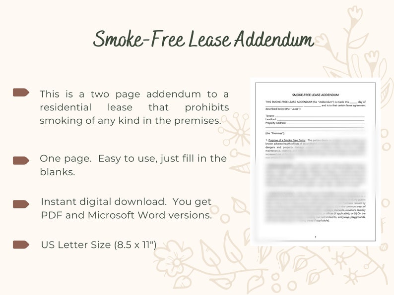 Smoke Free Premises Lease Addendum, Non-smoking Lease Rental Contract ...