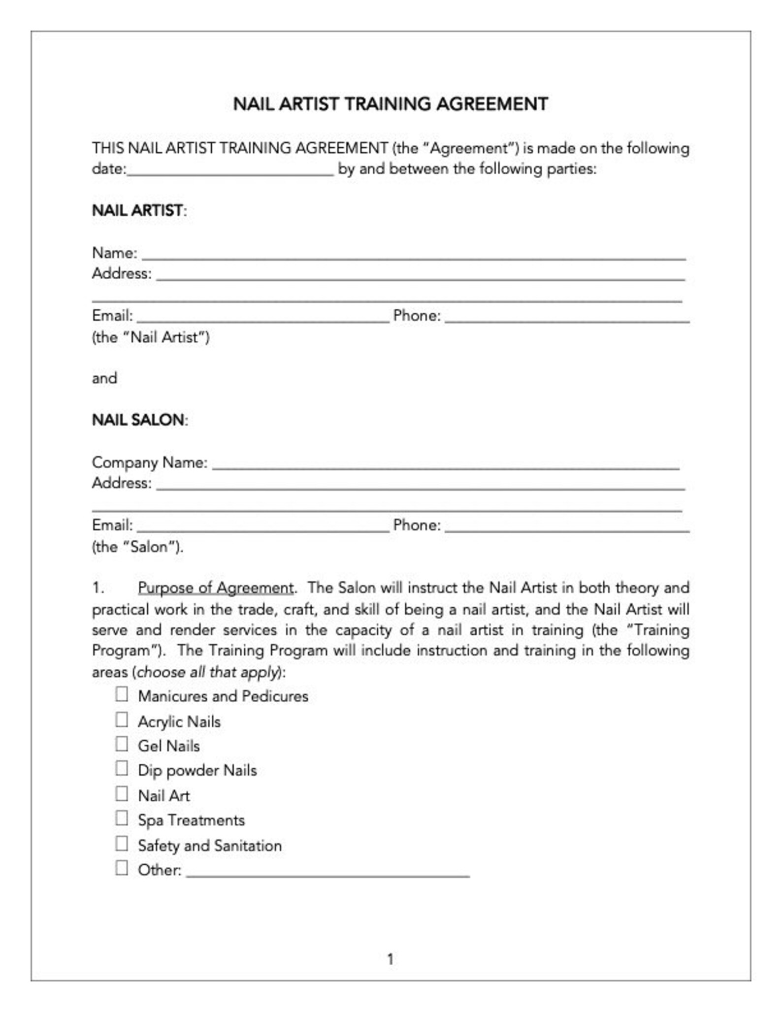 Nail Training Contract, Nail Artist Training Agreement, Nail Apprentice ...
