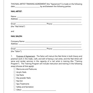 Nail Training Contract, Nail Artist Training Agreement, Nail Apprentice ...