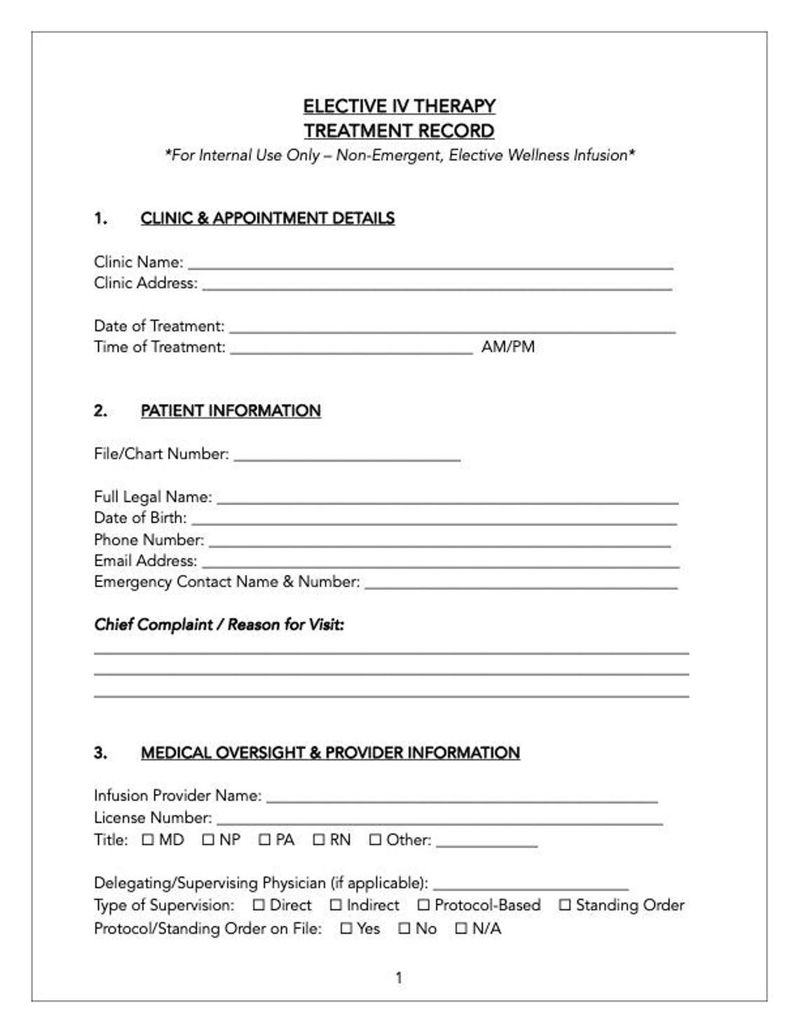 Elective IV Therapy Documentation IV Hydration Treatment Record IV ...
