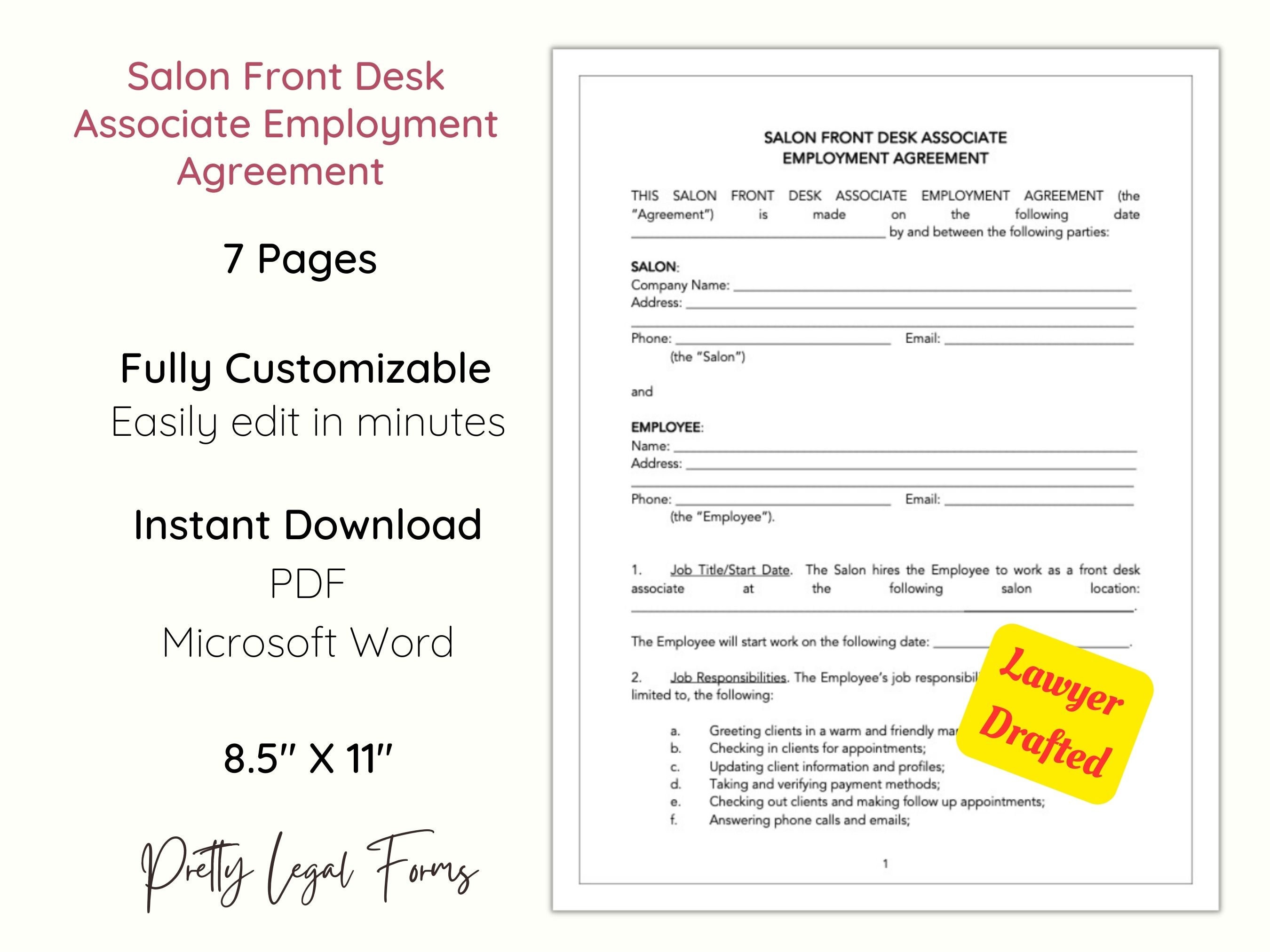 Salon Front Desk Associate Employment Agreement Salon Receptionist ...