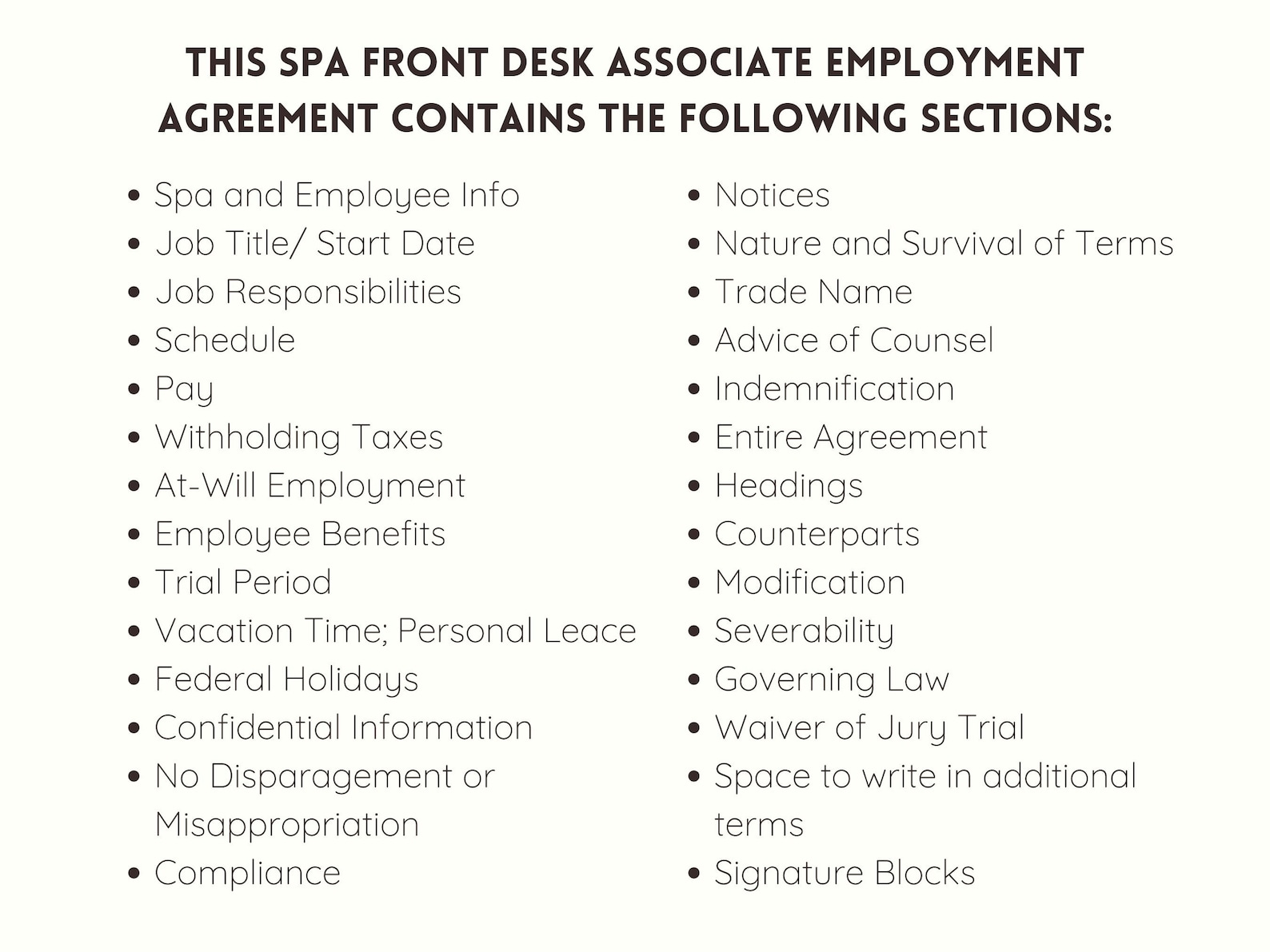 Medical Spa Front Desk Associate Employment Agreement Contract Template ...