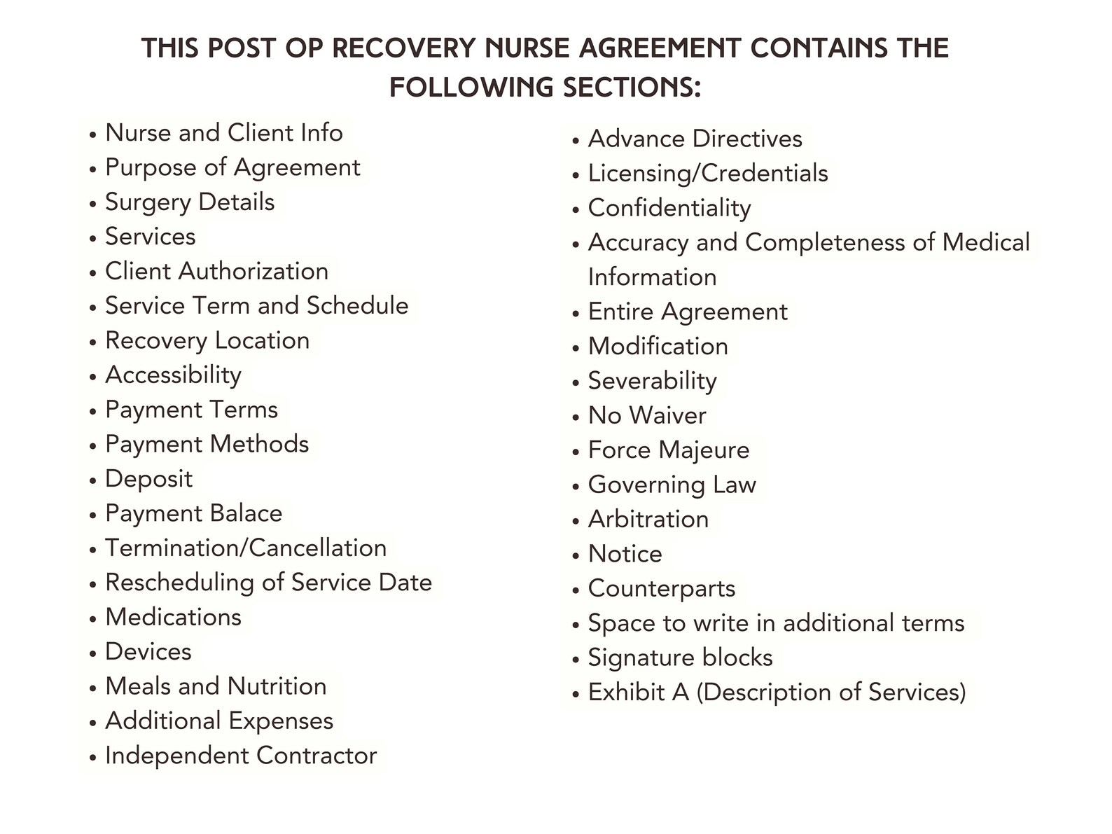 Post Op Recovery Nurse Client Service Agreement, Post Surgery RN ...