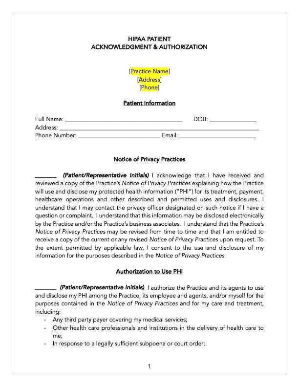 HIPAA Consent Form Template HIPAA Acknowledgment of Privacy Notice ...