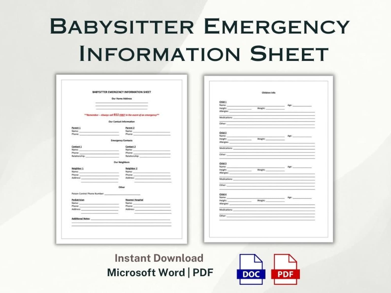 Babysitter Emergency Contact Info Sheet, in Case of Emergency Form for ...