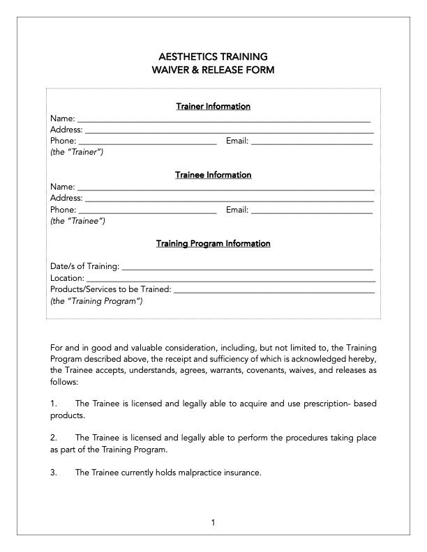 Cosmetic Injector Training Waiver and Release of Liability, Aesthetics ...