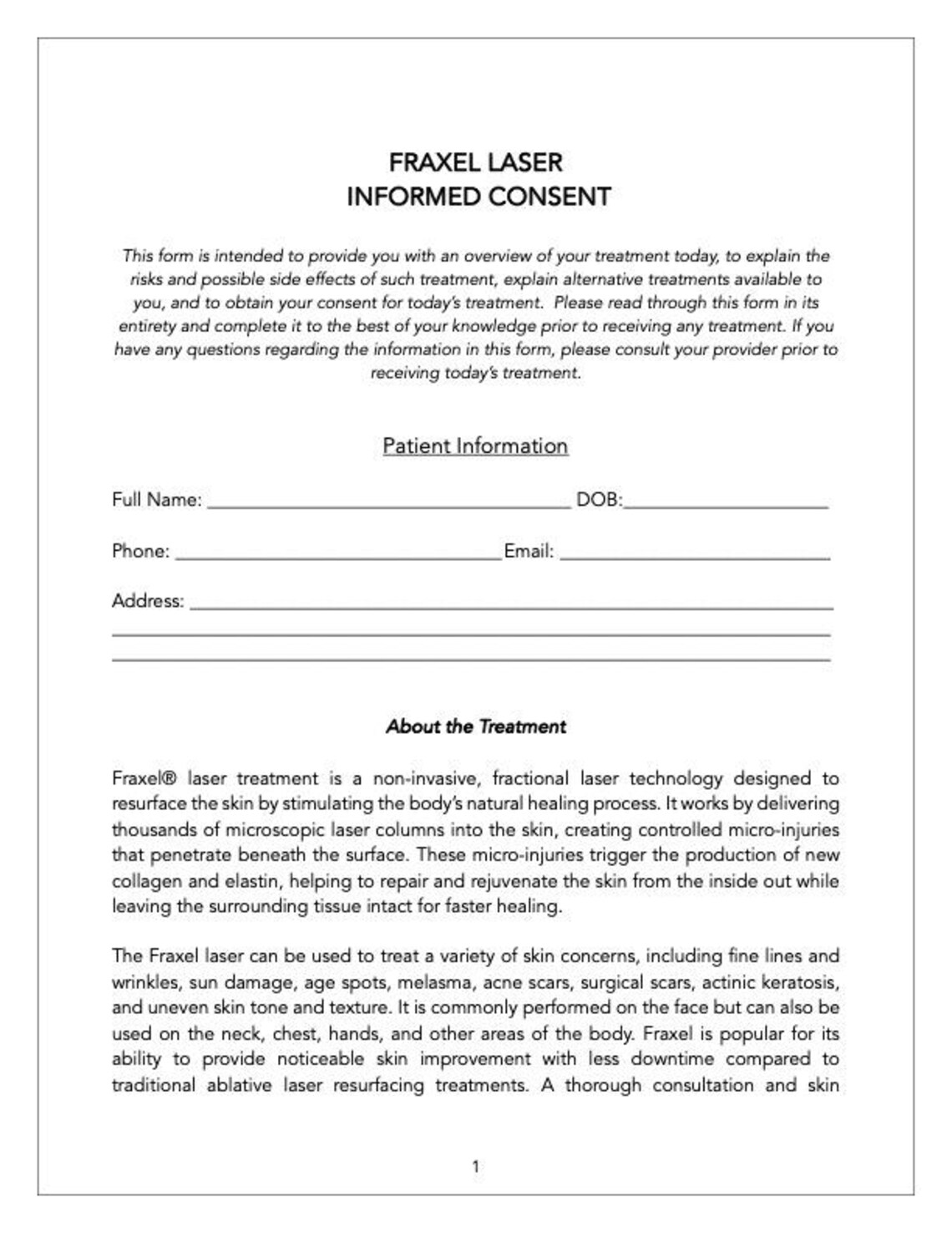 Fraxel Consent Form Cosmetic Laser Informed Consent Template Fraxel ...