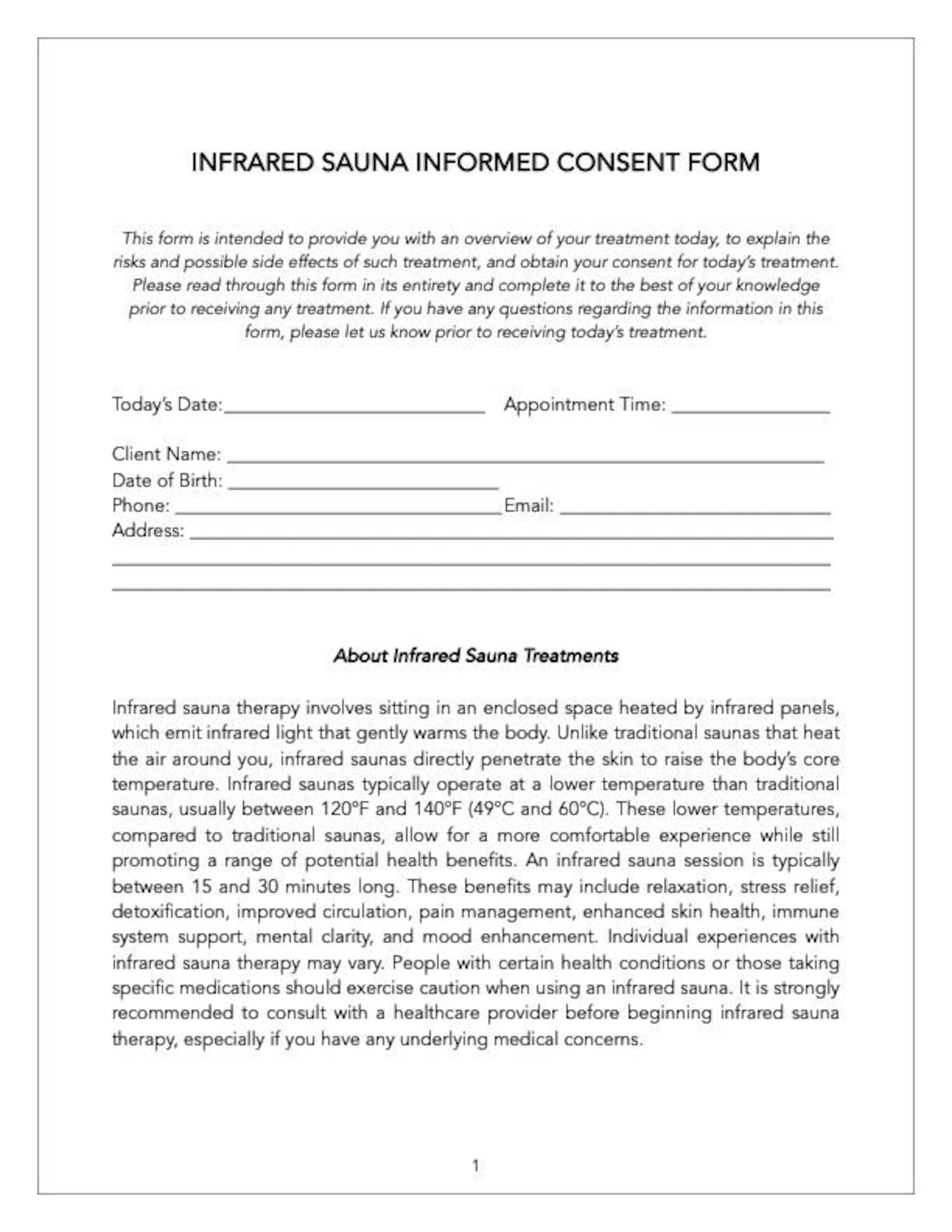 Infrared Sauna Consent Form, Sauna Informed Consent Template, Spa ...