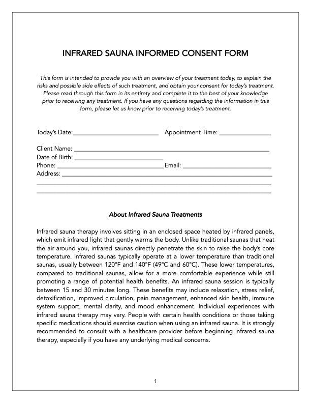 Infrared Sauna Consent Form, Sauna Informed Consent Template, Spa ...