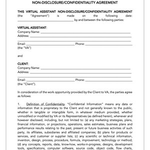 Virtual Assistant NDA Template VA Confidentiality Agreement Virtual ...