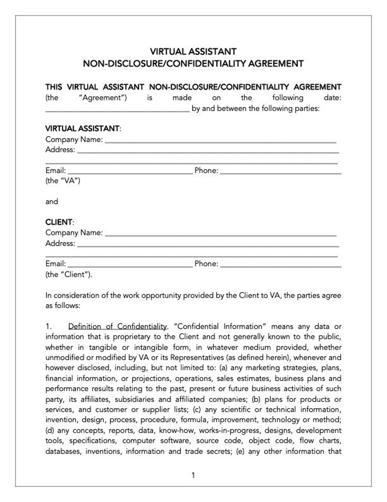 Virtual Assistant NDA Template VA Confidentiality Agreement Virtual ...