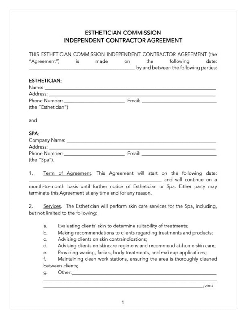 1099 Esthetician Commission Contract Independent Contractor Esthetician Commission Agreement ...