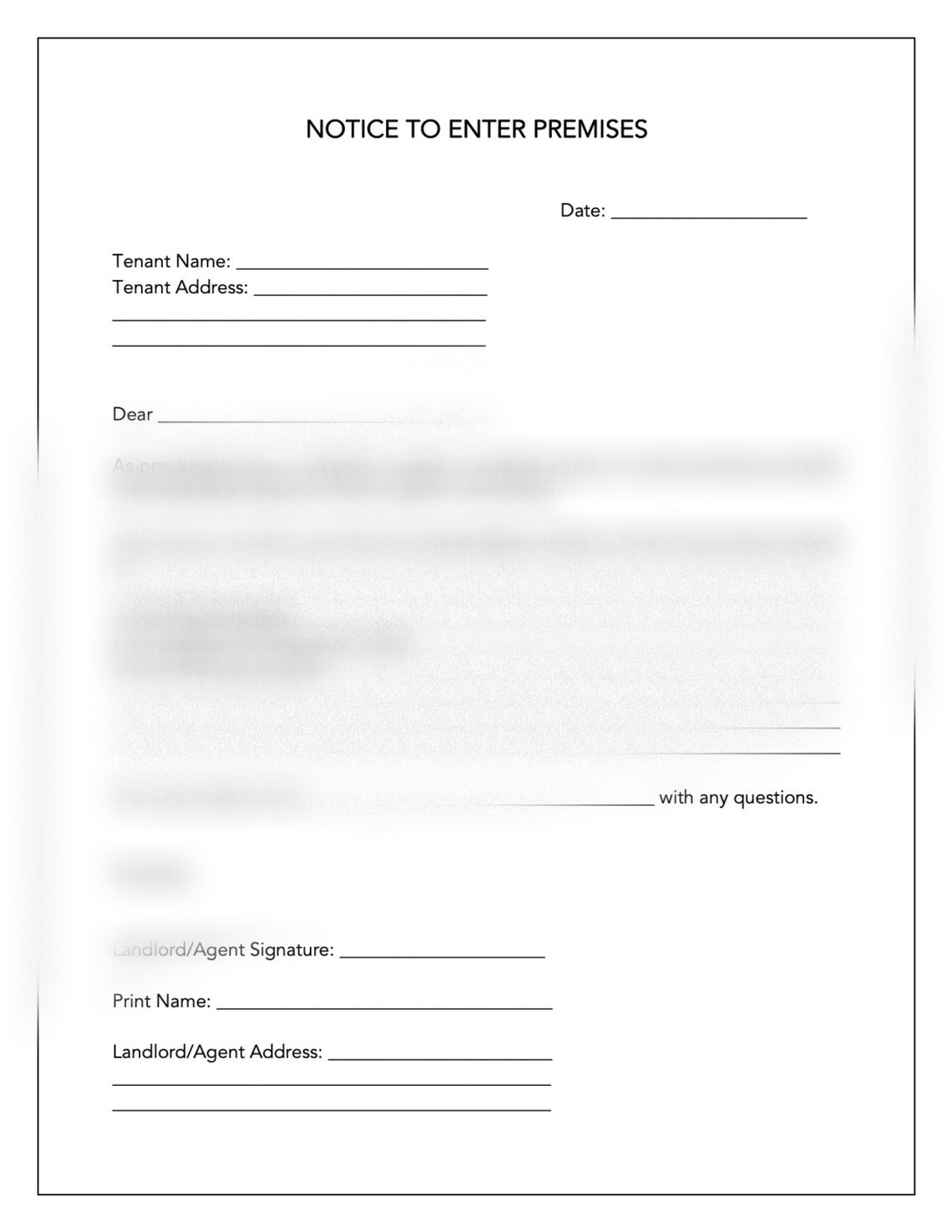 Landlord Notice to Tenant to Enter Premises, Instant Digital Download ...
