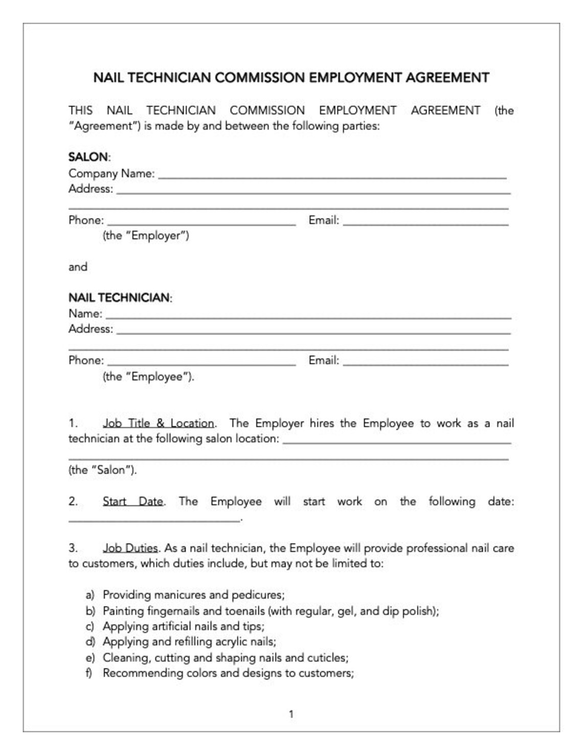 Nail Tech Commission Agreement Nail Salon Employee Commission Contract ...