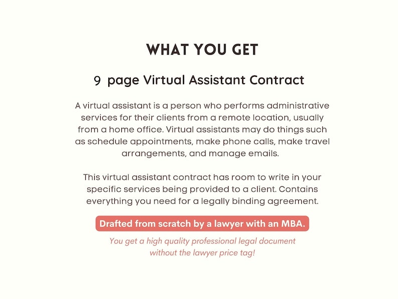 Virtual Assistant Agreement, VA Hiring Contract, Remote Work Agreement ...