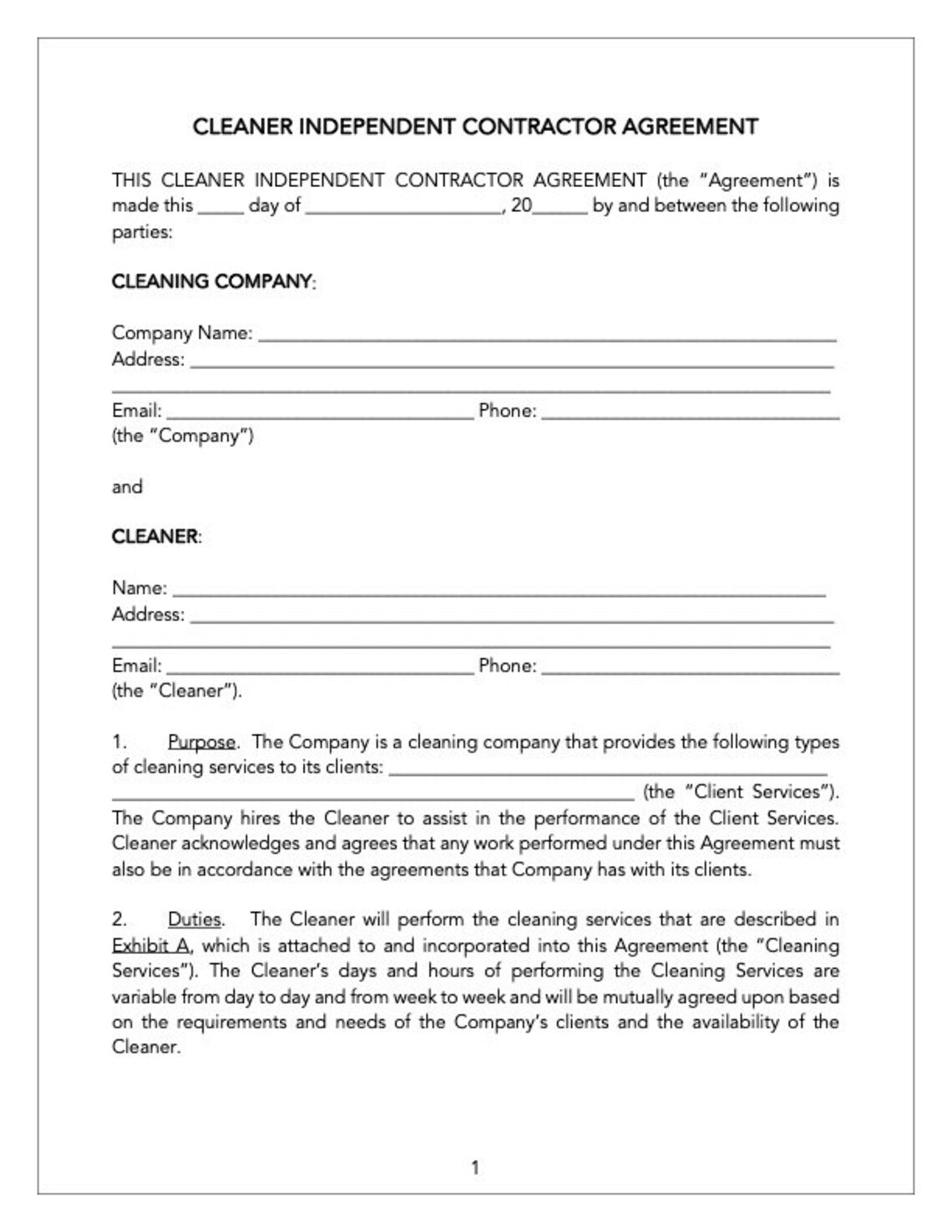 Cleaning Contract 1099 Independent Contractor Agreement for Cleaner ...