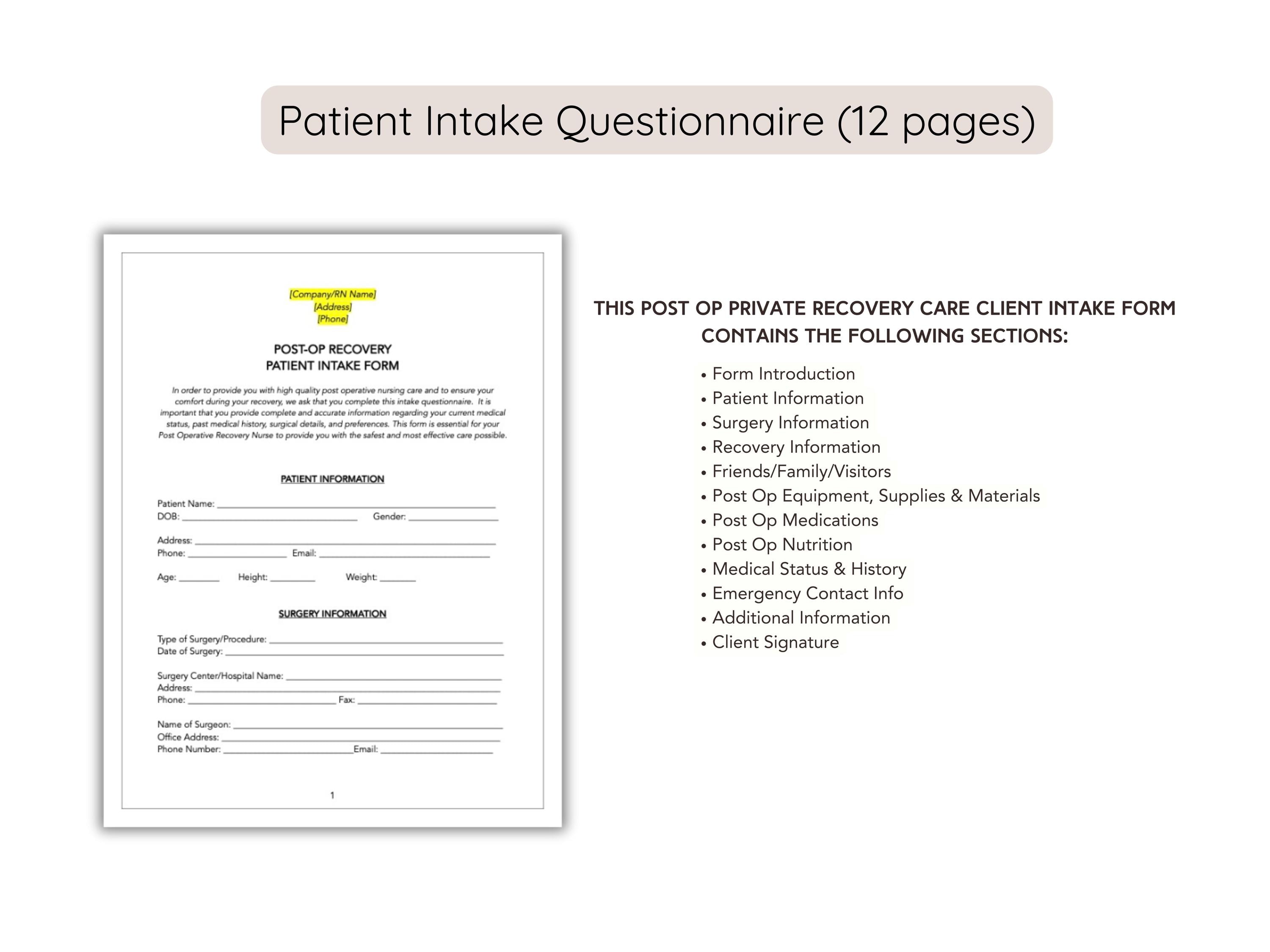 Post Op Recovery Nurse Legal Forms Bundle Post Surgery RN Contract Home ...
