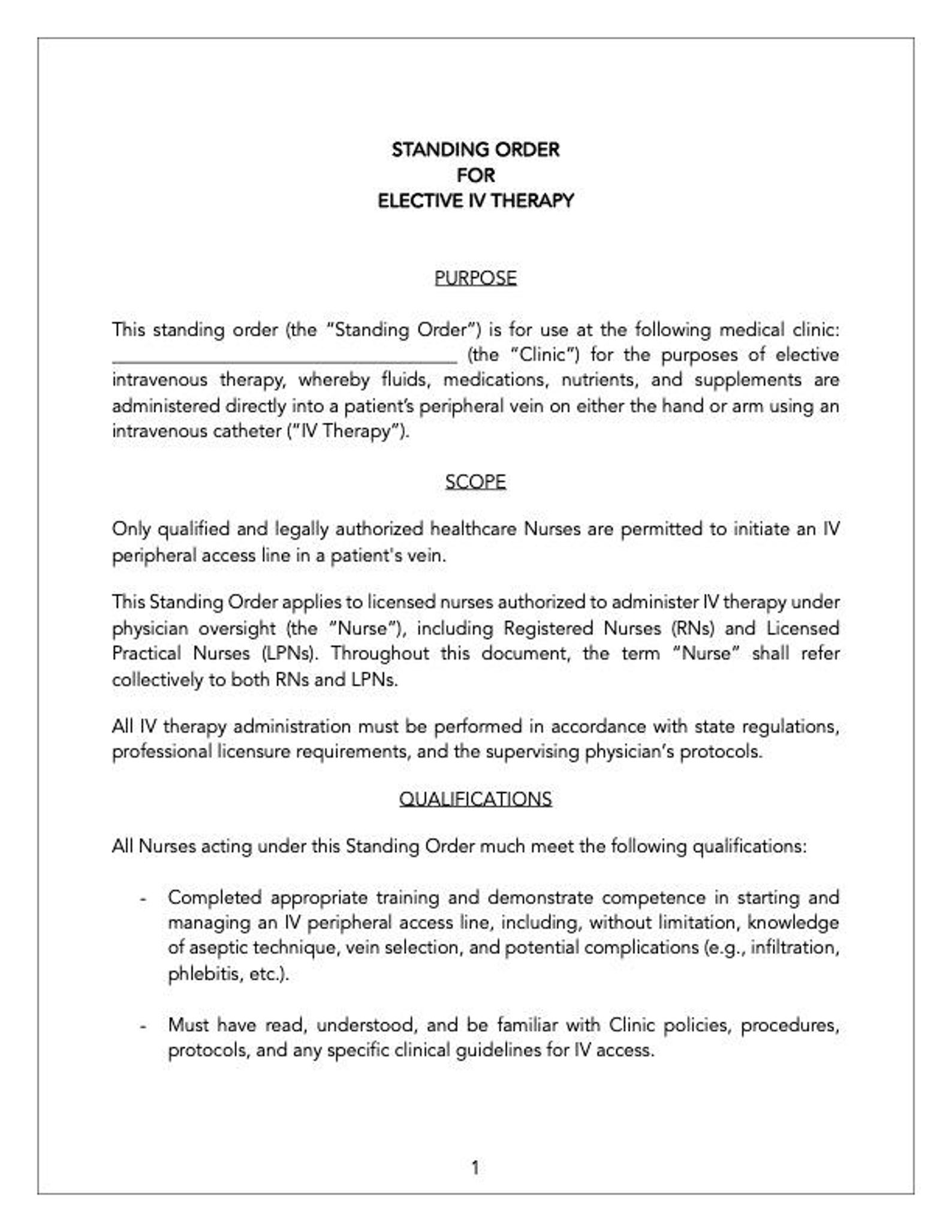 Elective IV Therapy Standing Order Template IV Infusion Protocol IV Drip Clinic Business Forms ...