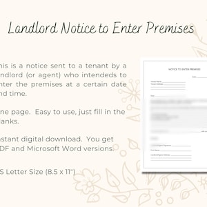 Landlord Notice to Tenant to Enter Premises, Instant Digital Download ...