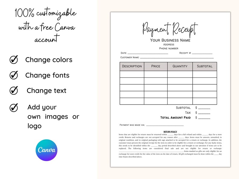 Payment Receipt With Return Policy Canva Template, Editable Receipt ...