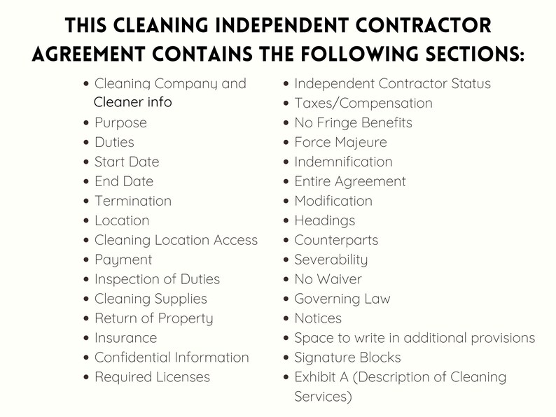 Cleaning Contract 1099 Independent Contractor Agreement for Cleaner ...