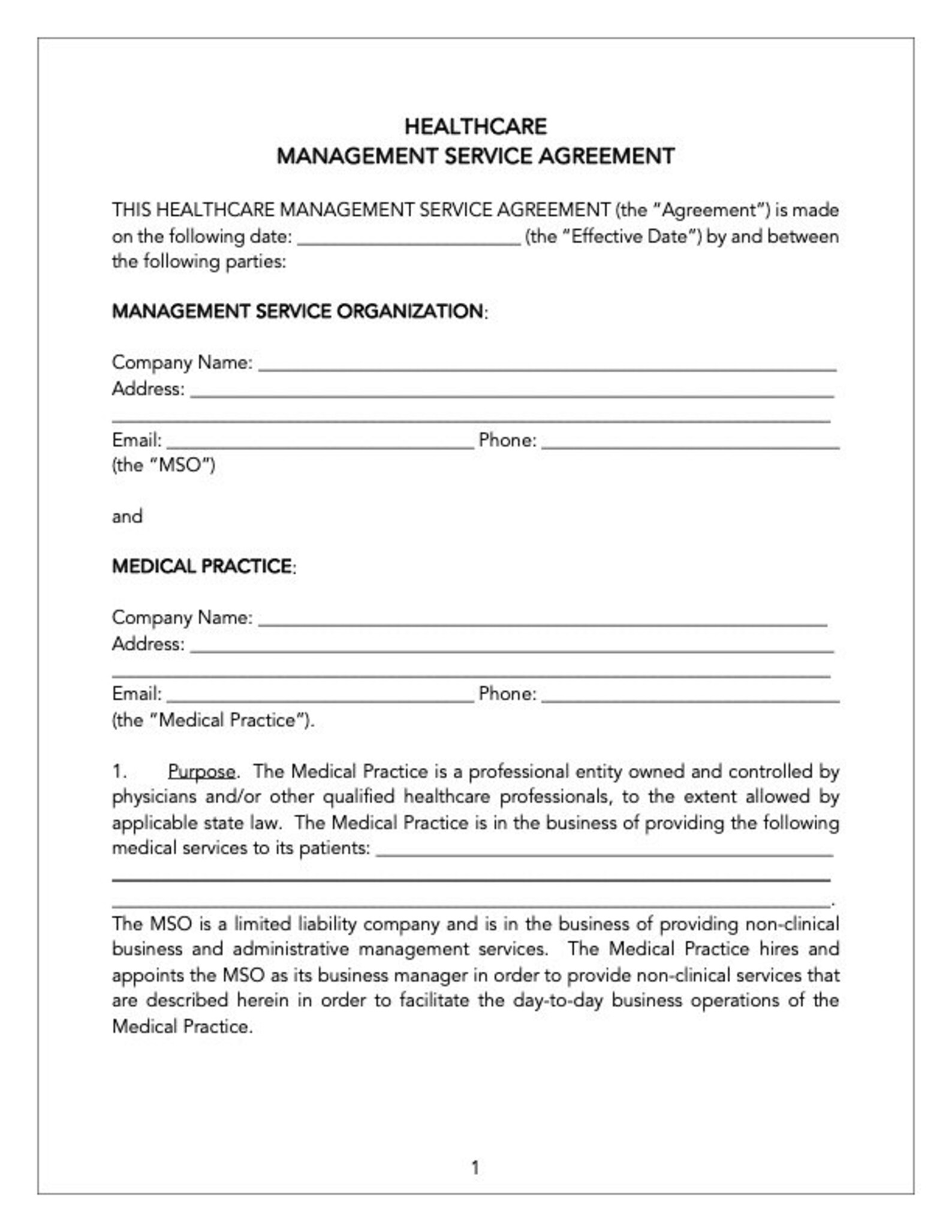Healthcare Management Service Agreement Medical MSA Contract Template ...