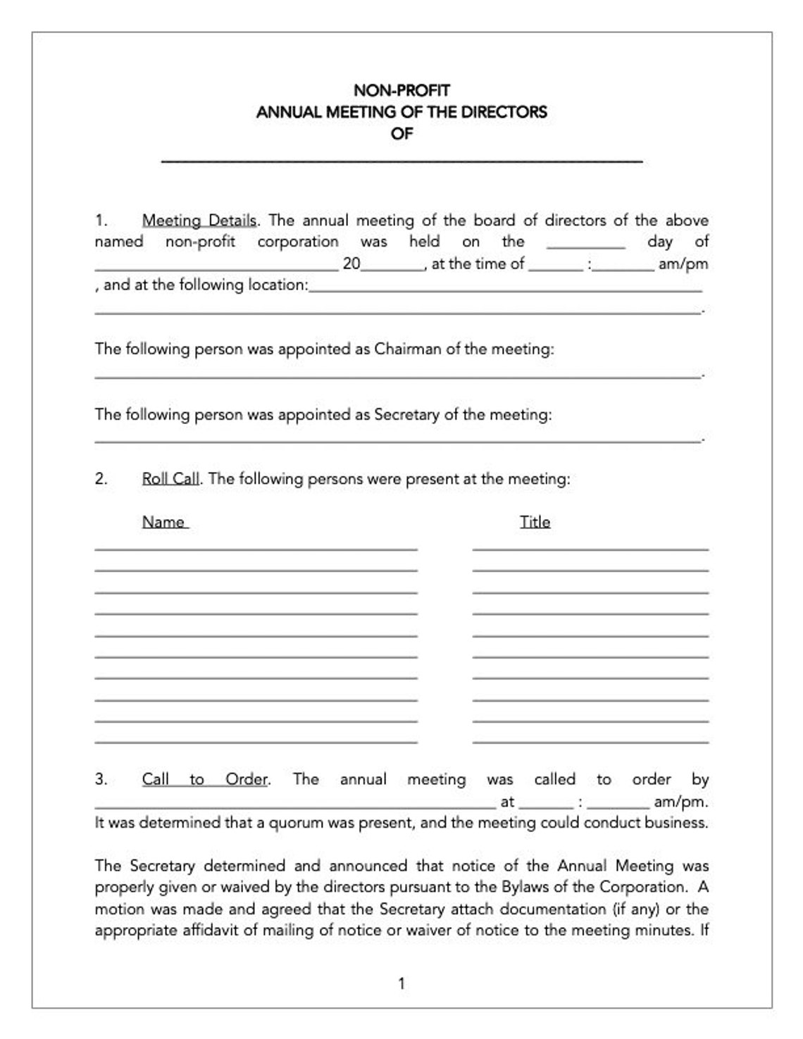 Non Profit Annual Meeting Minutes Template, Non-profit Directors Annual ...