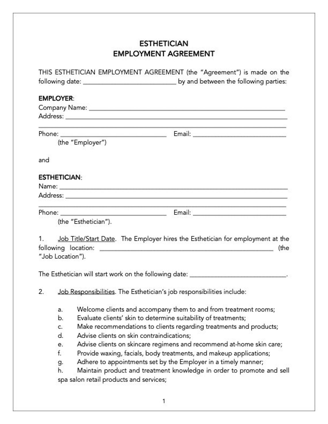 Esthetician Employee Contract With Non Compete and Non Solicitation ...