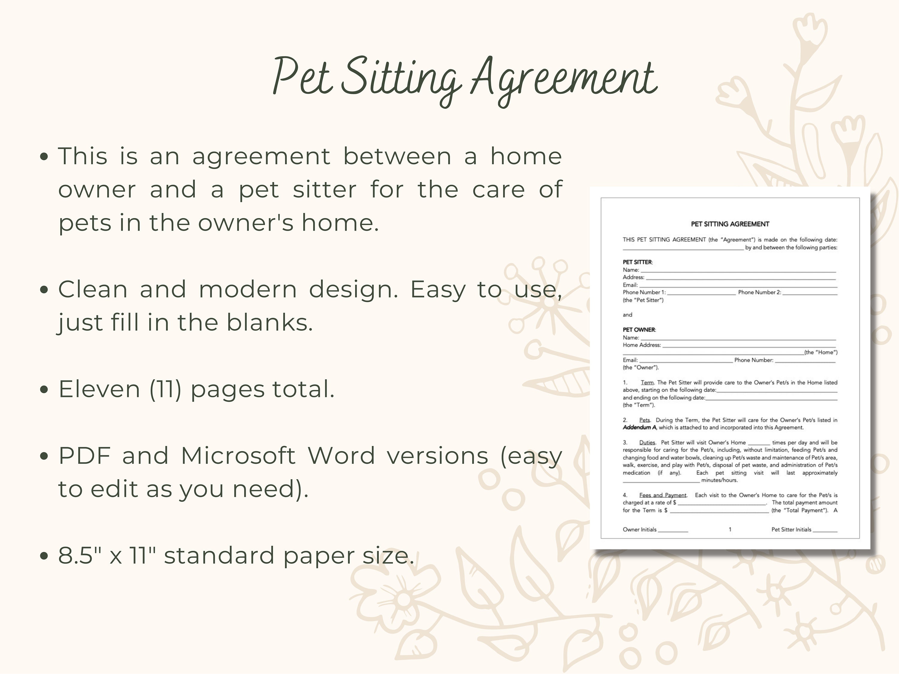 Pet Sitting Agreement Veterinary Release Form, Legal Agreement Bundle ...