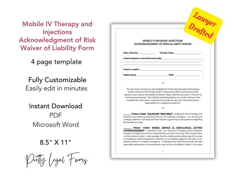 Mobile IV Therapy Acknowledgement of Risks Vitamin Injection Waiver IV ...