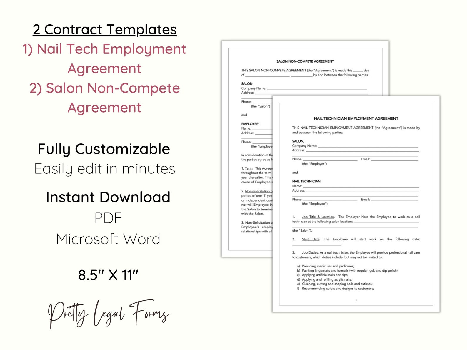 Nail Salon Employee Contract and Non Compete Agreement Template BUNDLE ...