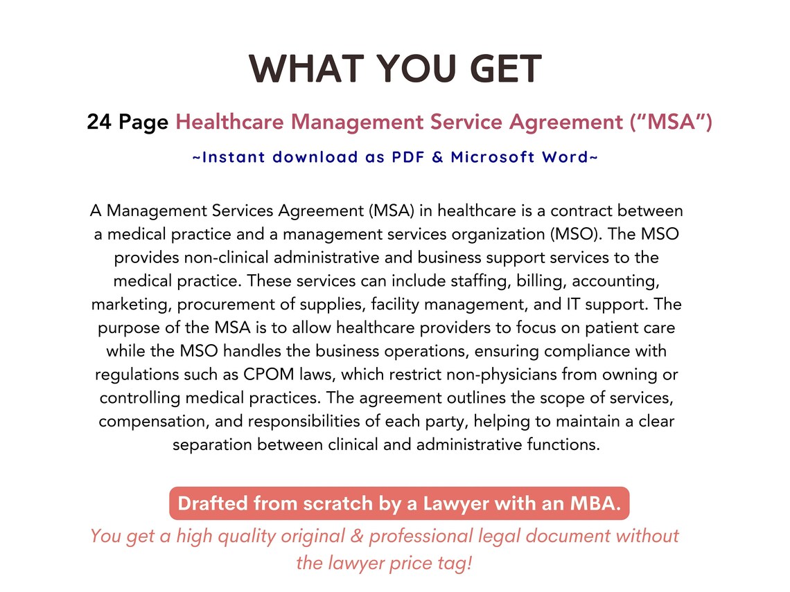 Healthcare Management Service Agreement Medical MSA Contract Template ...