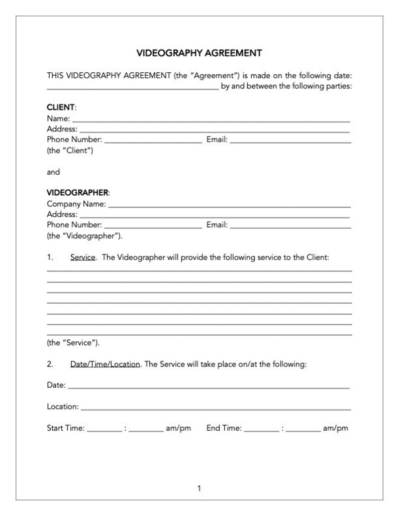 Videography Contract Template, Videographer Service Agreement ...