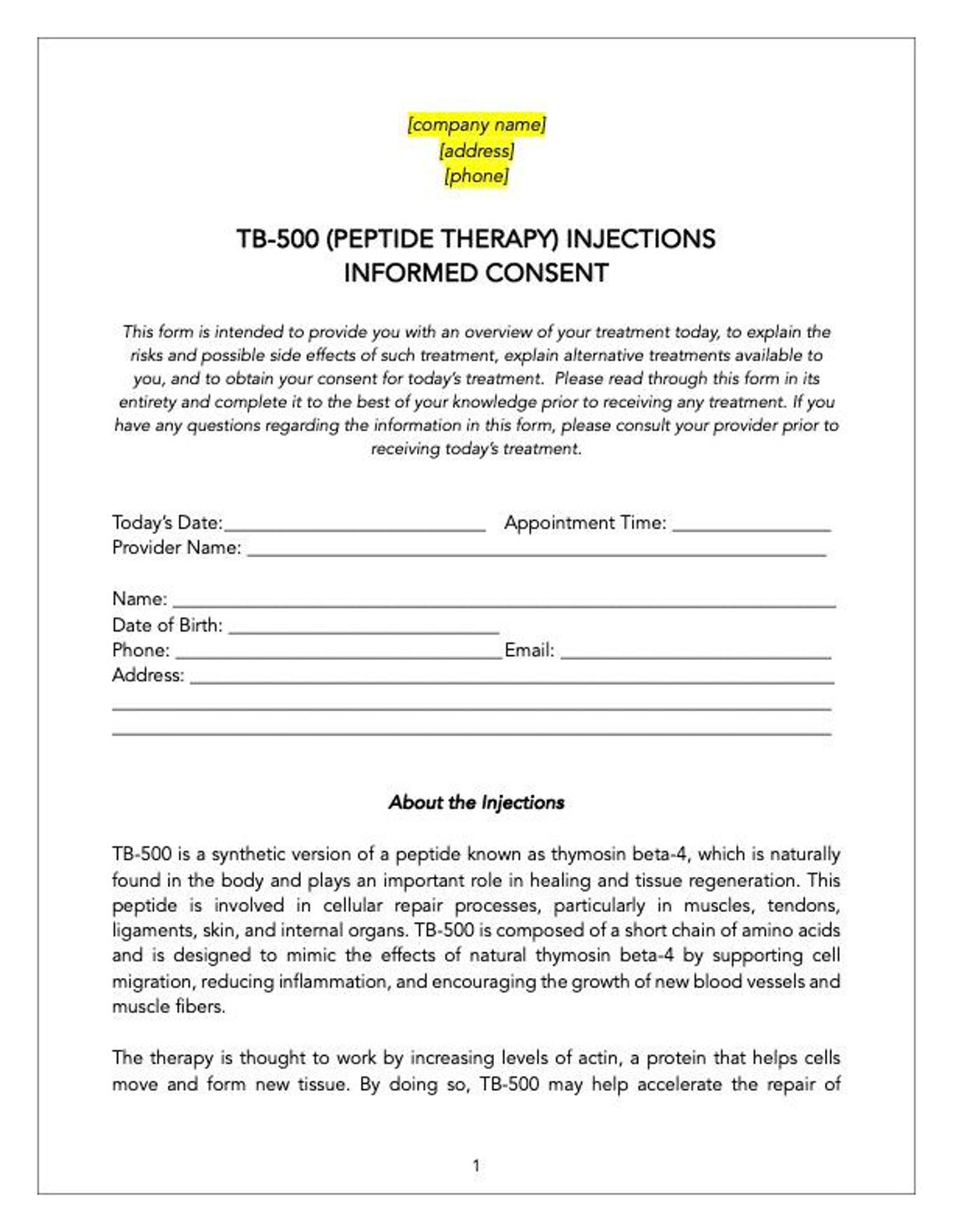 TB-500 Consent Form Peptide Therapy Informed Consent Template TB 500 Injection Intake Forms ...
