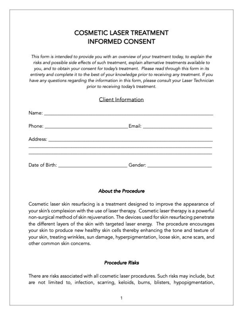 Cosmetic Laser Consent Form, Laser Resurfacing Informed Consent, Laser ...