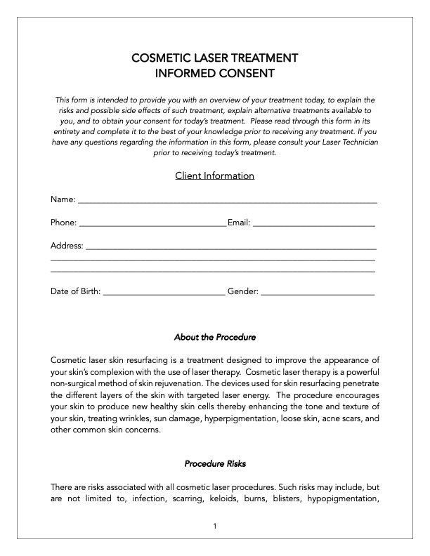 Cosmetic Laser Consent Form, Laser Resurfacing Informed Consent, Laser ...
