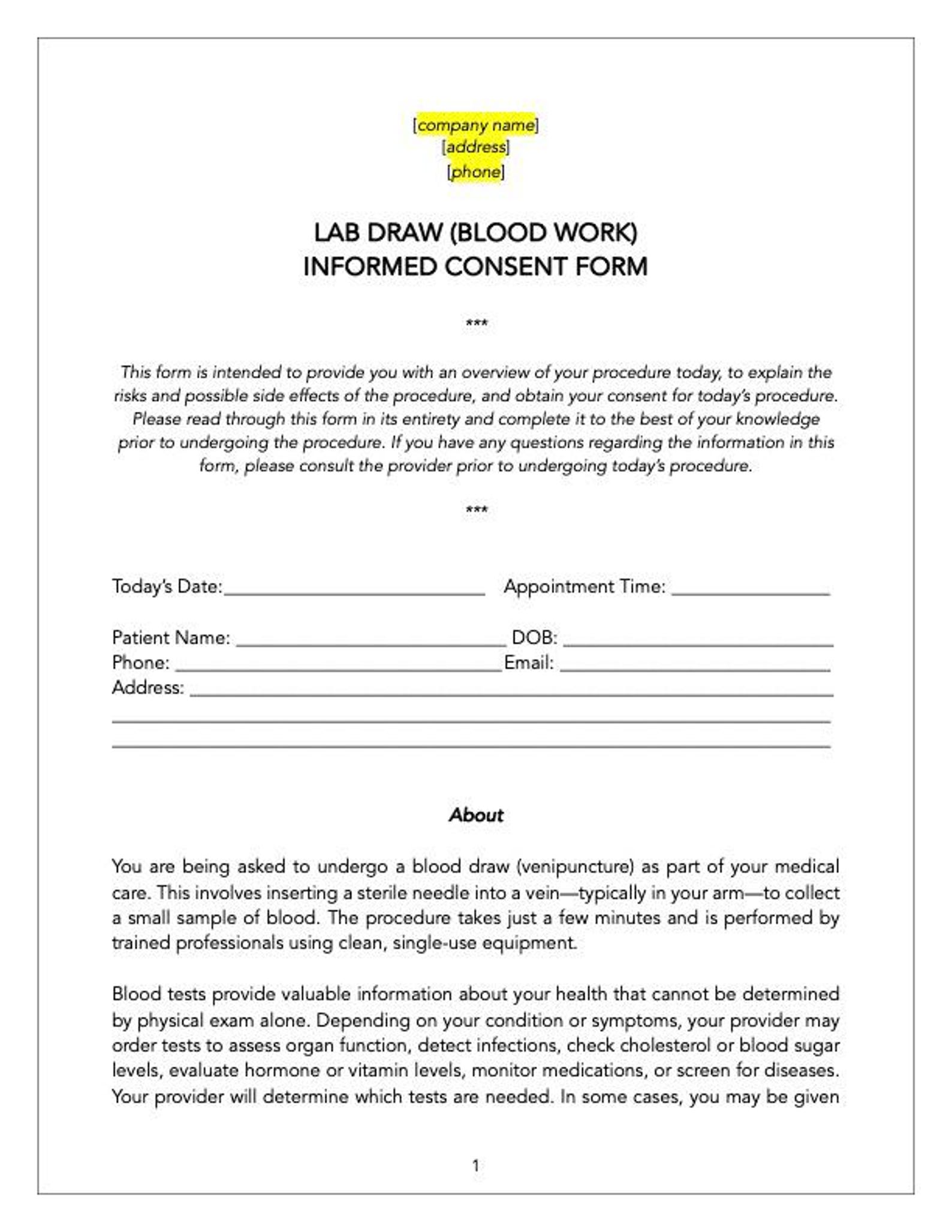 Lab Draw Consent Form Blood Work Informed Consent Template Blood Draw ...