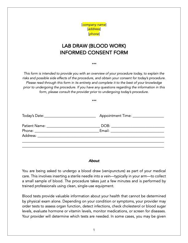 Lab Draw Consent Form Blood Work Informed Consent Template Blood Draw ...