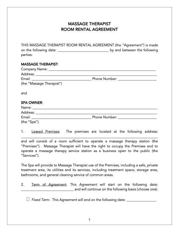 Massage Therapist Contract Template Massage Therapist Room Rental ...