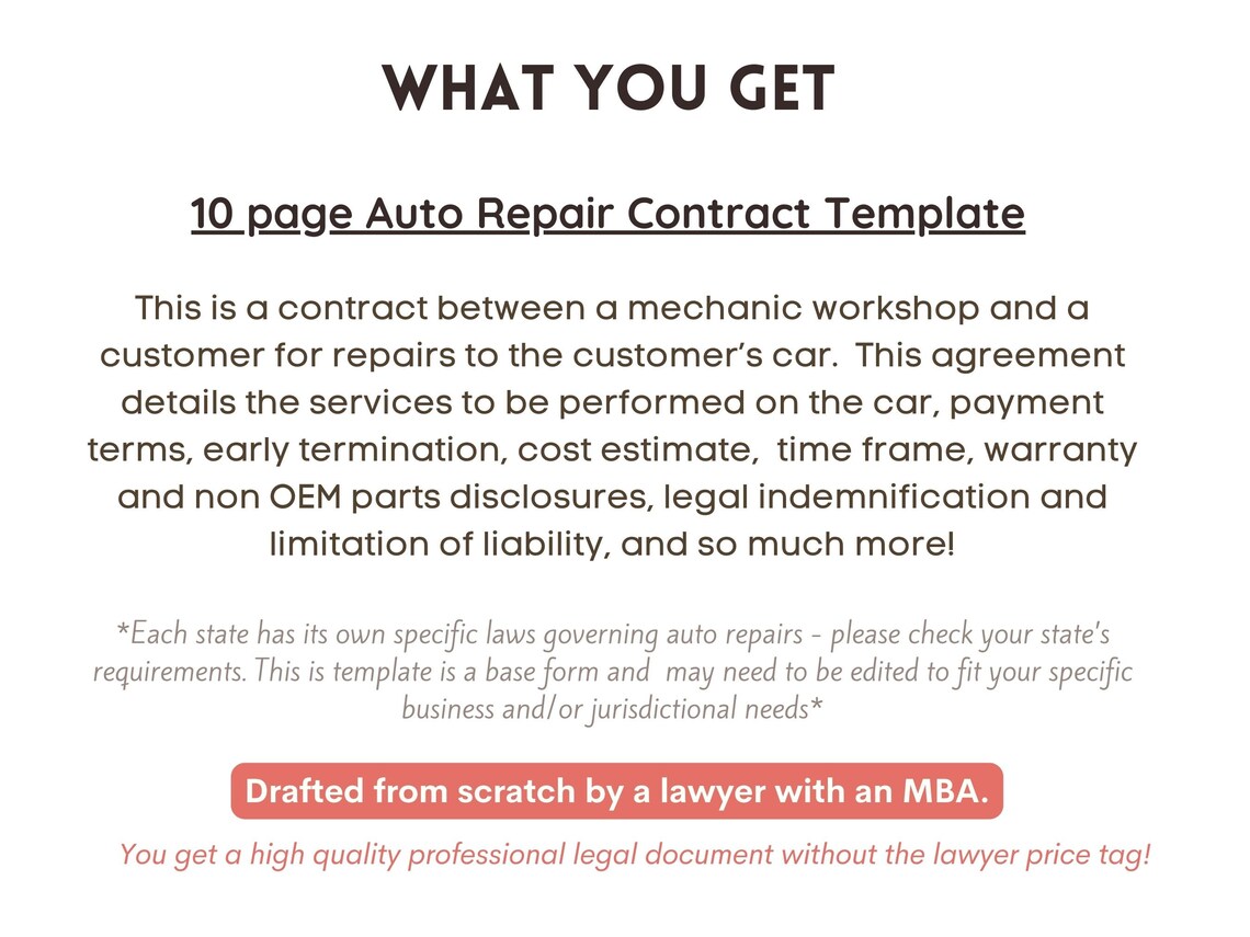 Auto Repair Contract, Mechanic Work Agreement, Car Maintenance Service ...