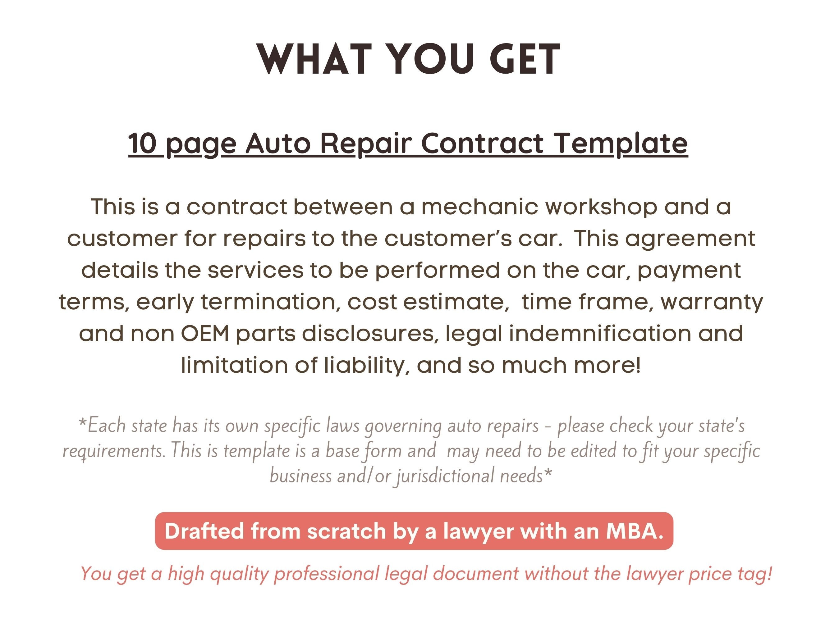 Auto Repair Contract, Mechanic Work Agreement, Car Maintenance Service ...