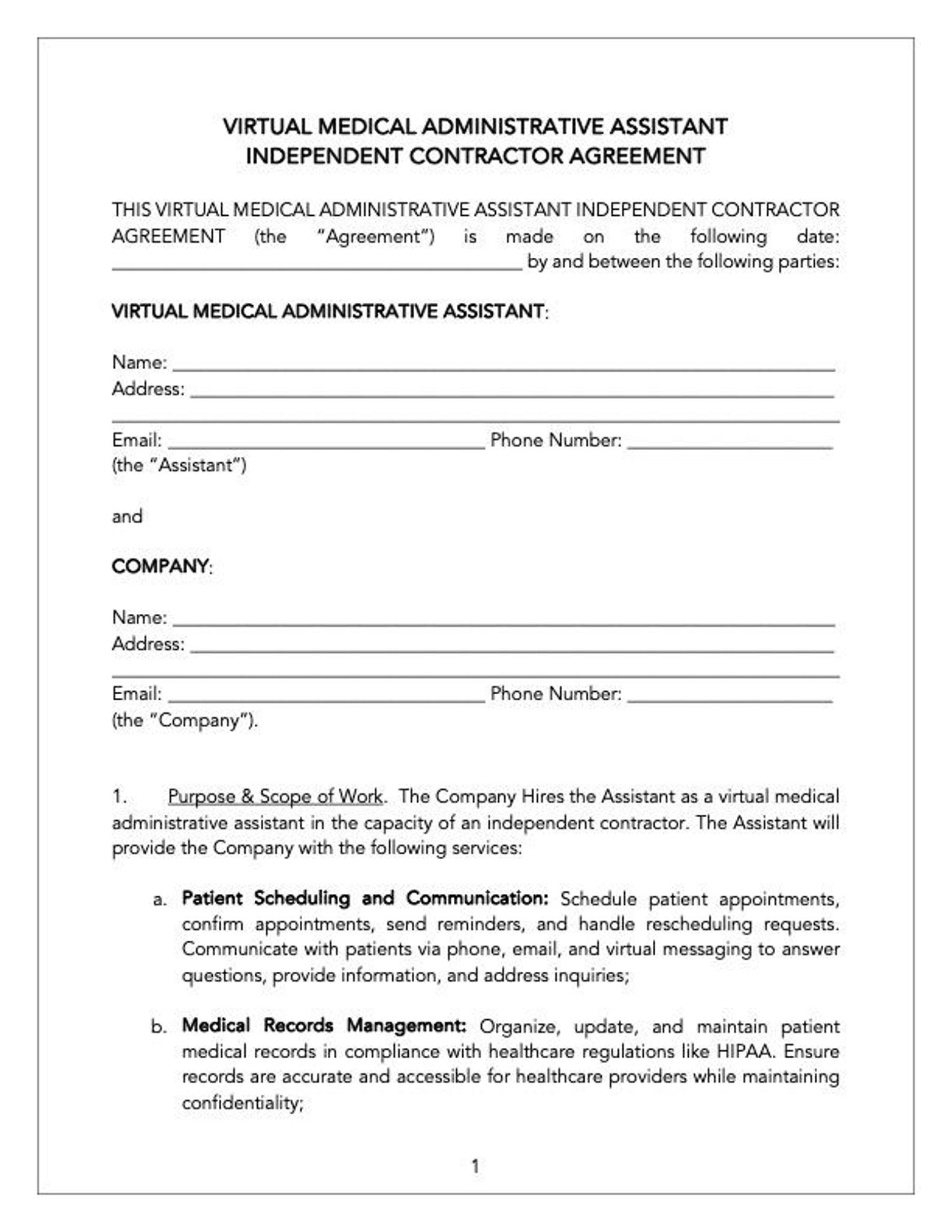 Medical Administrative Assistant Independent Contractor Agreement 1099 ...