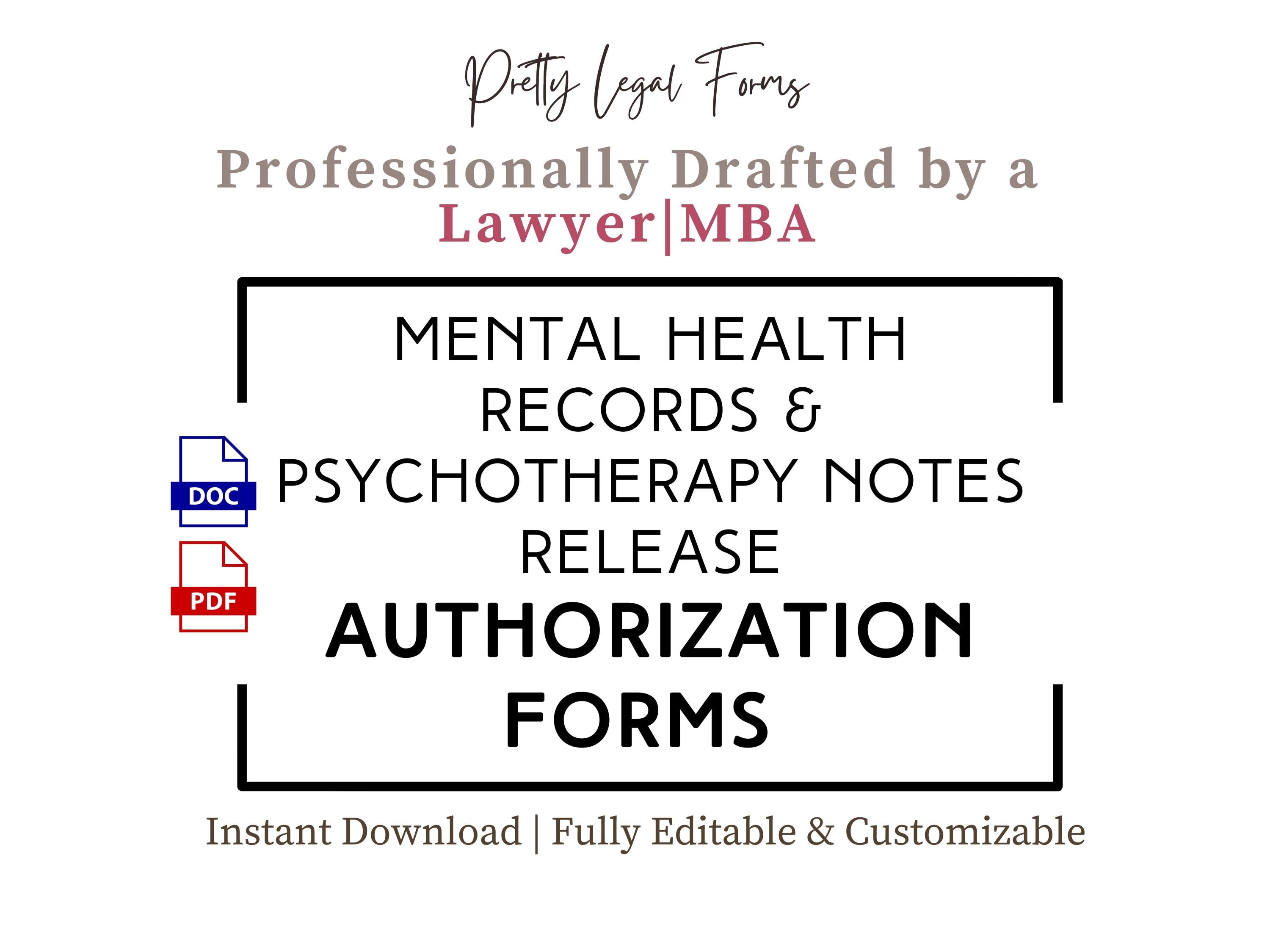 Mental Health Records Release Form HIPAA Medical Records Authorization ...