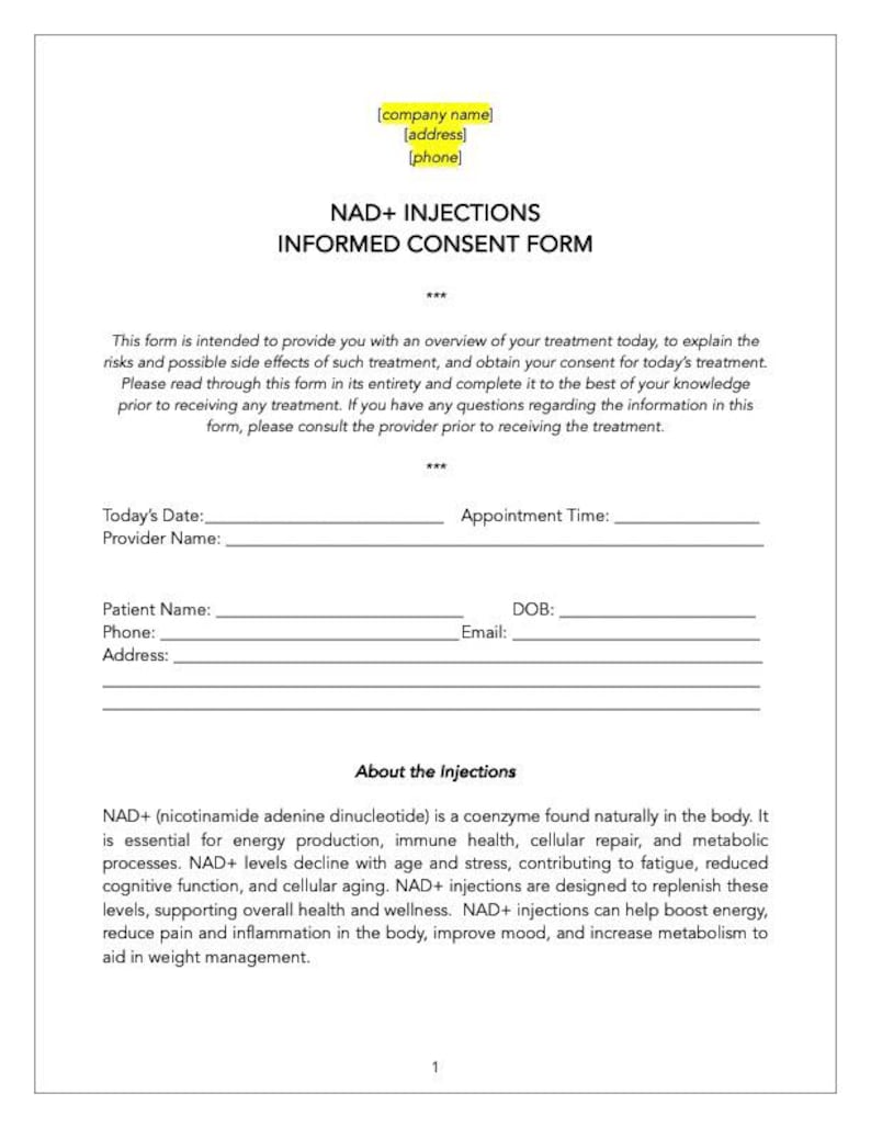 NAD+ Consent Form NAD Injection Informed Consent Template IV Therapy ...