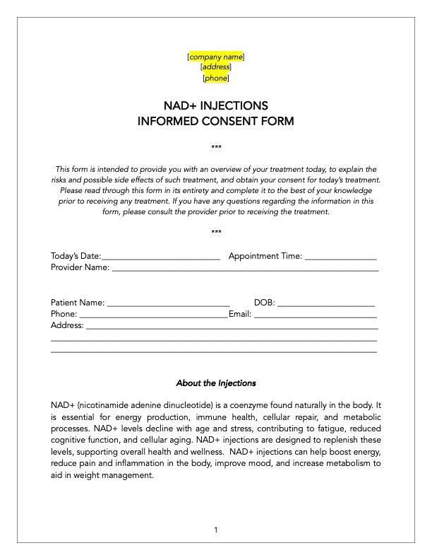NAD+ Consent Form NAD Injection Informed Consent Template IV Therapy ...