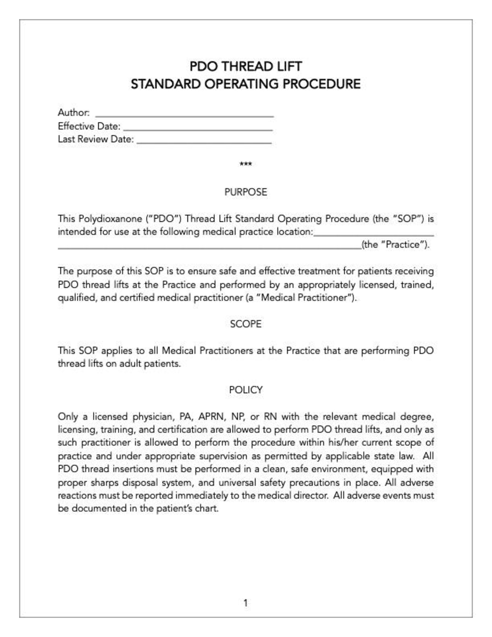 PDO Threads Standard Operating Procedure PDO Thread Lift SOP Med Spa ...