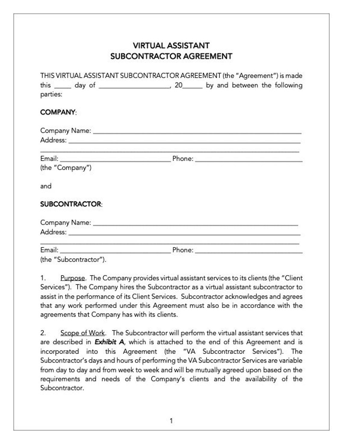 Virtual Assistant Subcontractor Agreement, 1099 VA Sub Contract ...